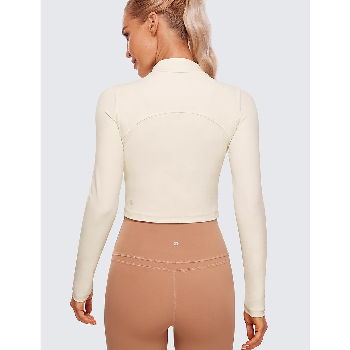 CRZ YOGA Womens Butterluxe Mock Turtleneck Long Sleeves Crop Tops Slim Fit Workout Casual T-Shirt Base Layer Fall Shirts White Apricot Medium