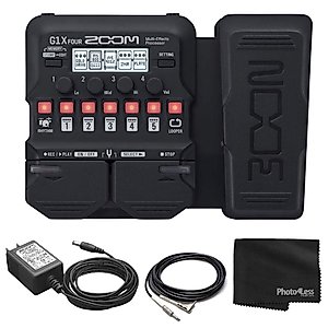 Zoom G1X Four Guitar Effects Processor with Built-In Expression Pedal + Zoom AD-16 9V AC adapter + Guitar Instrument Cable w Right Angle Plug + Photo4Less Cleaning Cloth - Deluxe Bundle