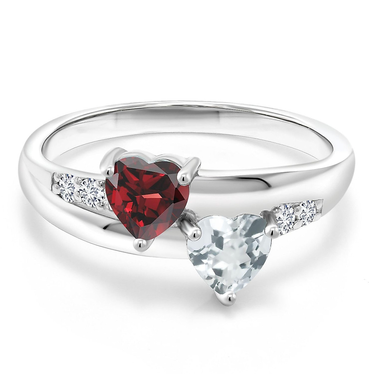 Gem Stone King 925 Sterling Silver Red Garnet Sky Blue Aquamarine and Lab Grown Diamond Ring For Women (1.01 Cttw, Heart Shape 5MM, Available in size 5, 6, 7, 8, 9)