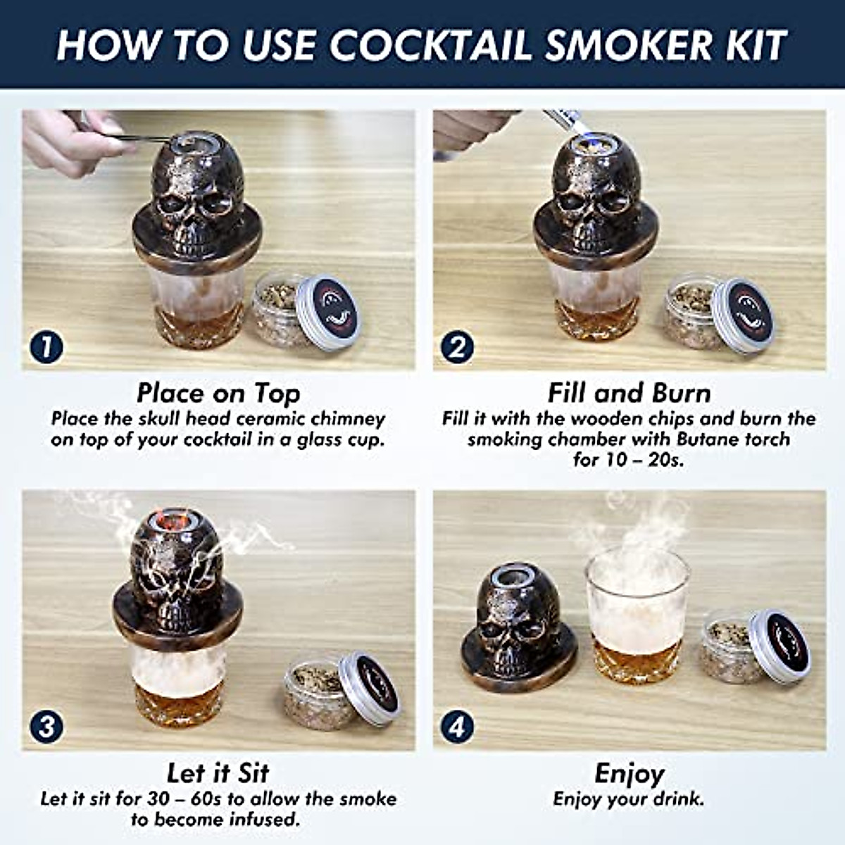 Old Fashioned Smoker Kit, Whiskey Bourbon Cocktail Smoker Kit With 4 Flavored Wood Chips, Torch (No Butane) Smoke Top Cocktail Bar Kit, Gift for Whiskey Lovers, Dad, Husband, Men