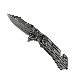 Falcon 8" U.S American Flag Eagle Engraved Assisted Open Tactical Stainless Steel Folding Clip Point Knife with Seatbelt Cutter and Glass Breaker