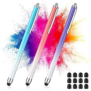 CFDXK Stylus Pens for Touch Screens，3-Pack Capacitive Stylus Compatible for iPad iPhone Tablets Samsung Galaxy with 12 Extra Replaceable Tips (Pink, Blue, Purple)