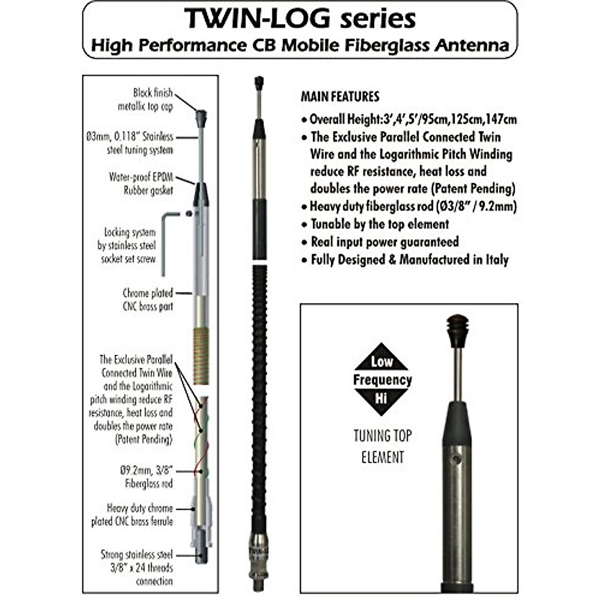 Sirio Antenna Twin-Log 4 High Performance 1500 Watts Cb Mobile Fiberglass Antenna (4 Ft)