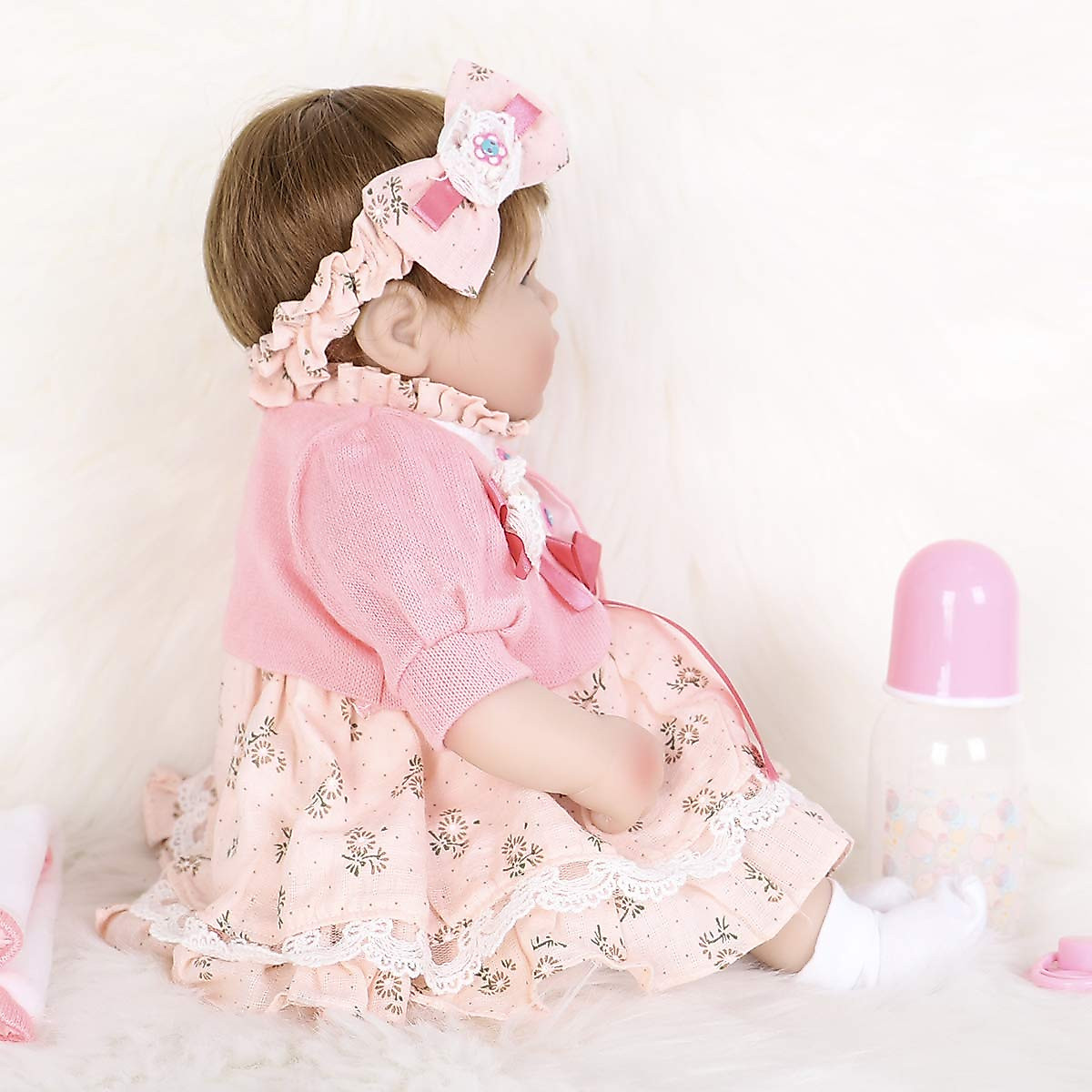 ENADOLL Reborn Baby Doll Realistic Silicone Vinyl Baby Pink Hairband Girl 16 inch Weighted Soft Body Lifelike Doll Gift Set for Ages 3+(Pink Hairband)