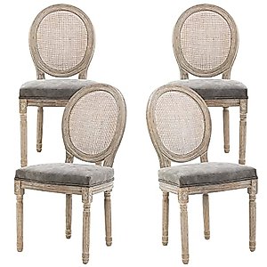 DM Furniture Farmhouse Leather Dining Room Chairs Set of 4 French Dining Chairs with Round Rattan Back French Bistro Chairs for Dining Room/Living Room/Kitchen/Restaurant, Black
