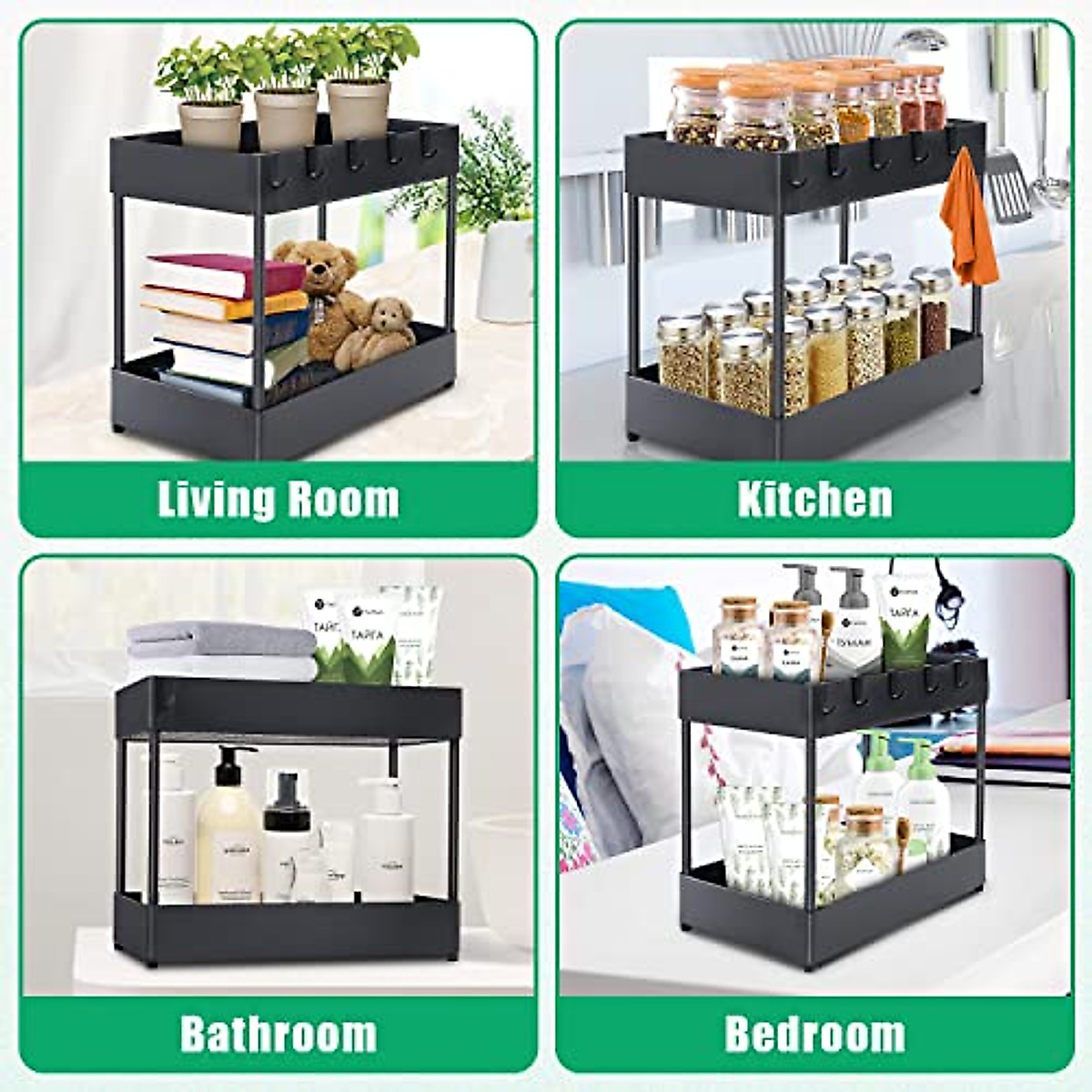 Under Sink Organizer and Storage - Bathroom Organizer - Multi-purpose Kitchen Organizer Countertop Storage Shelf Holder with Hooks, 2 PCS
