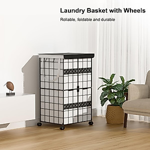 SHIISEWE Laundry Basket with Wheels, Large Metal Laundry Hamper with Lid and Removable Laundry Bag, Collapsible Tall Laundry Hamper, 90L Laundry Basket Organizer for Bedroom, Bathroom