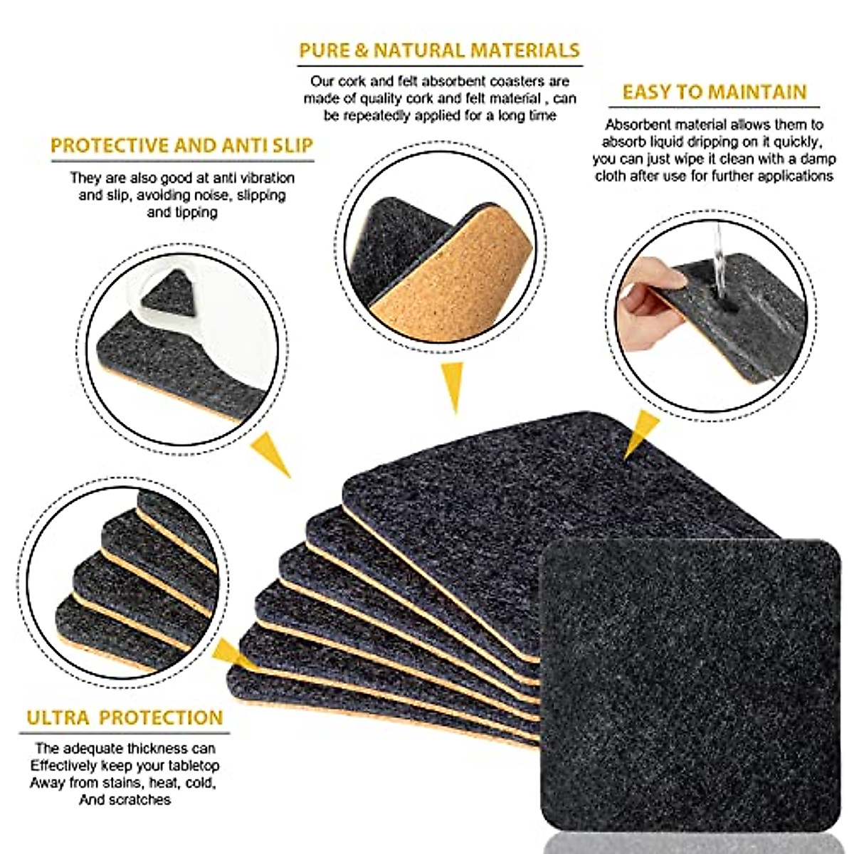 24 Pieces Felt and Cork Coasters for Drinks 4 Inch Two Sided Absorbent Felt Coasters Square and Round Drink Coasters Black for Cup Beer Glass Table Desk Furniture Protection Anti Slip