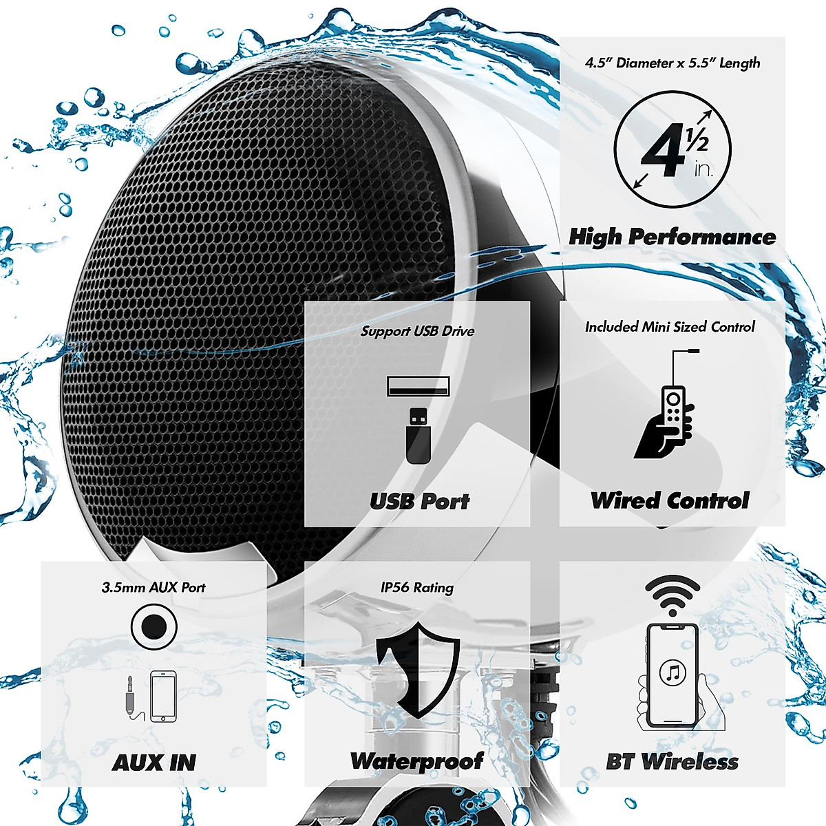 GoHawk AN4-QX All-in-One 1200W Built-in Amplifier 4.5" Waterproof Bluetooth Motorcycle Stereo 4 Speakers Audio Amp System AUX for 1-1.25" Ape-Hanger Handlebar Harley CVO Touring Cruiser Custom