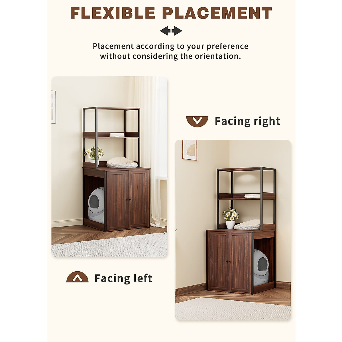 MOOLIVE Large Litter Box Enclosure Furniture for Self Cleaning Litter Box, Hidden Automatic Cat Litter Box Furniture with Shelves, Walnut