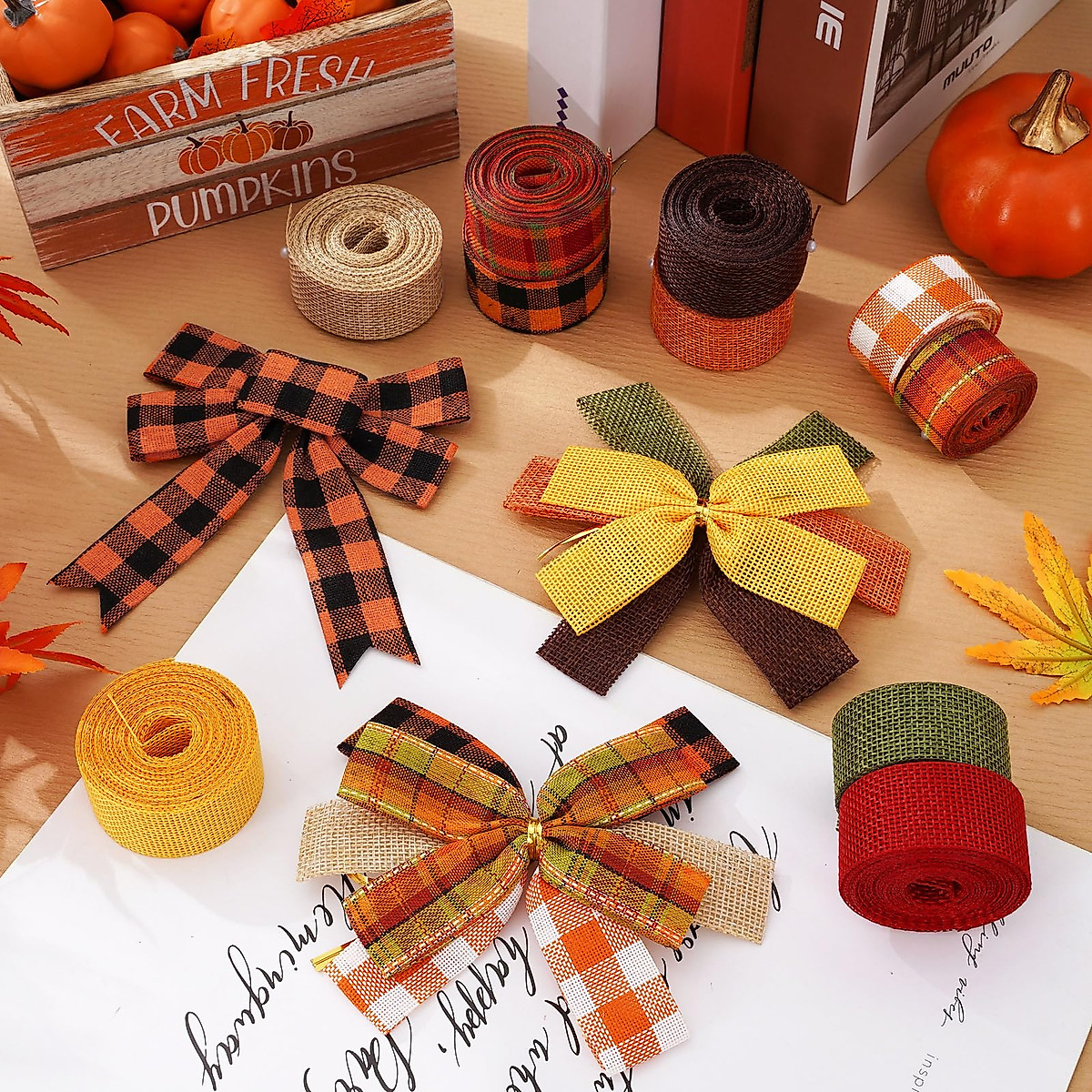 Whaline 10 Rolls 50 Yards Plaid Burlap Ribbon Rolls 1 Inch Fall Wrapping Ribbon Thanksgiving Ribbon Autumn Decorative Ribbon for Autumn Harvest Thanksgiving Wreath Decoration