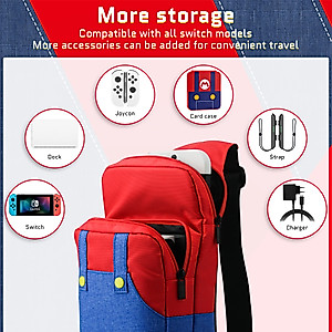 FUNDIARY Travel Bag for Nintendo Switch, OLED & Lite Carrying Case, Portable Shoulder Bag Set for Switch, Crossbody Backpack Accessories Bundle with Game Case and 2 Thumb Caps - for Super Mario