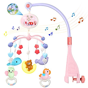 Baby Mobile for Crib Toys with Lights & Sooth Music, Light Moon Bear and Ceiling Projector, Musical Timer, Crib Toys for Babies Age 0M+ (Pink)