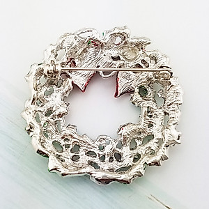 SELOVO Silver Tone Wreath Green Red Austrian Crystal Round Brooch Pin