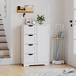 FOTOSOK Bathroom Floor Cabinet, Freestanding Storage Cabinet with 4 Drawers & 1 Cupboard, Adjustable Shelf for Bathroom Entryway Living Room, White
