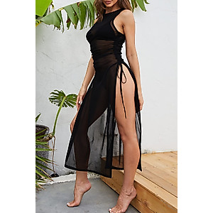 Women's Swimsuit Cover Up Mesh Maxi Dress Sheer High Split Bathing Suit Bikini Swimwear Cover Up Dress with Drawstring Black S