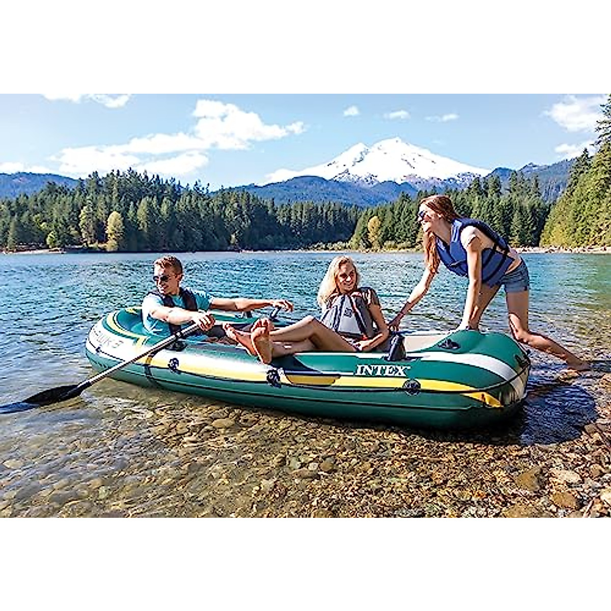 INTEX 68380EP Seahawk 3 Inflatable Boat Set: Includes Deluxe 54in Aluminum Oars and High-Output-Pump – SuperStrong PVC – Fishing Rod Holders – 3-Person – 790lb Weight Capacity