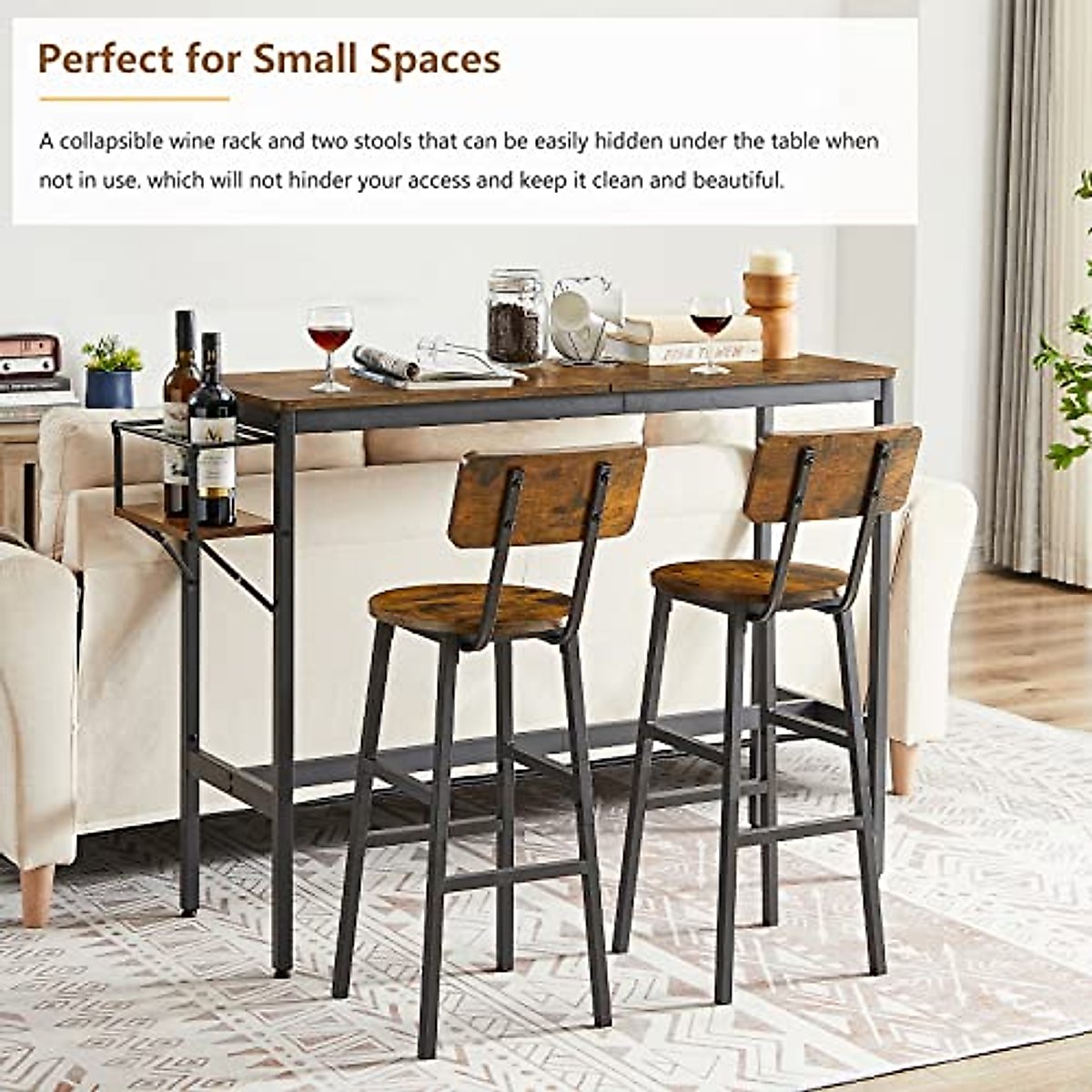 Tatub Bar Table and 2 Chairs Set, Industrial Style 3 Pieces Pub Dining Table Set with Collapsible Bottle Holder, 2 Bar Stools with Backrest for Kitchen, Apartment, Small Space