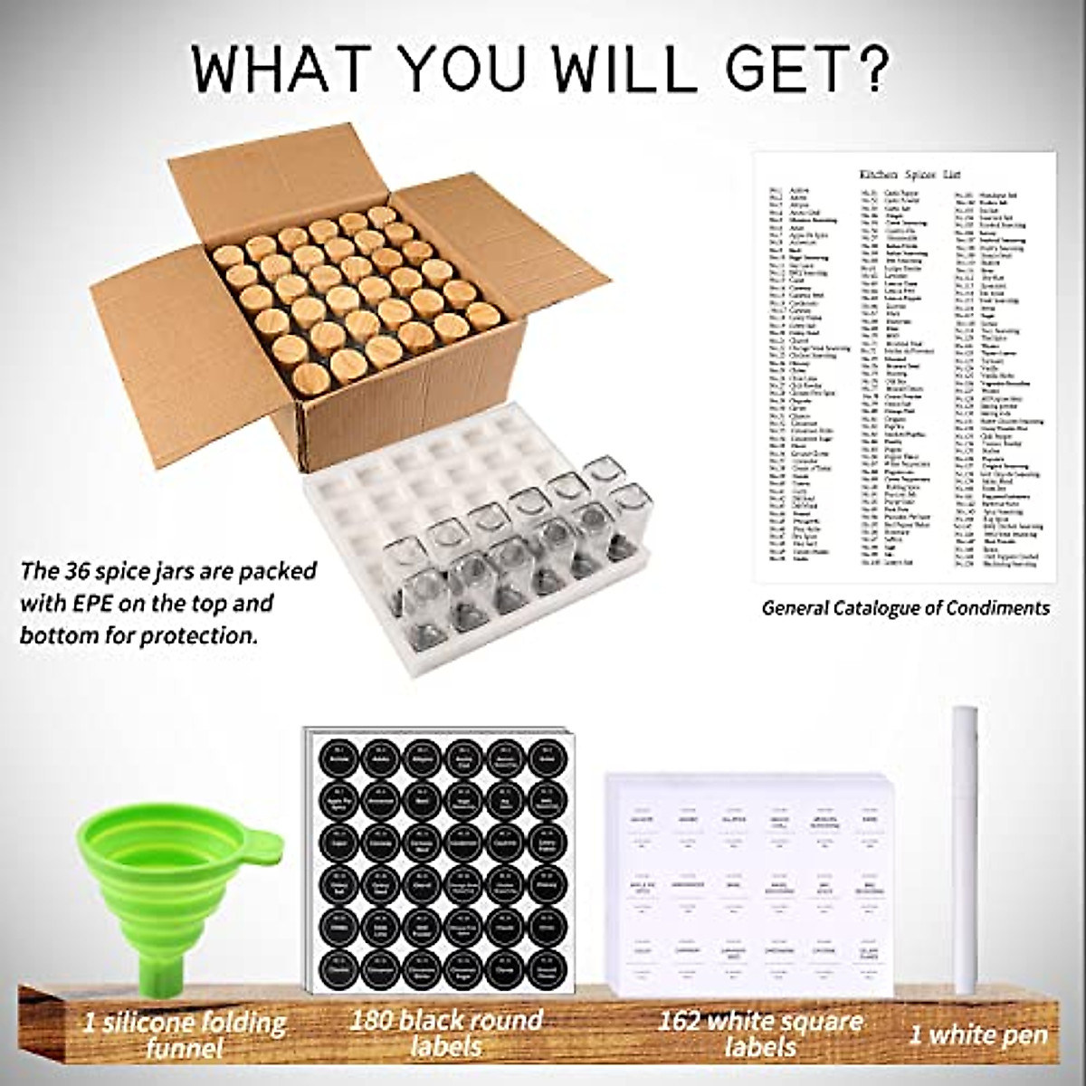 DIMBRAH Spice Jars with Label-4oz 36Pcs, Glass Spice Jars with Bamboo Lids, Container Set with White Printed Labels,Kitchen Empty Jars with Shaker Lids