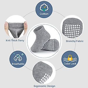 JAKIDAR 12 Pairs Baby Socks Non-Slip Toddler Socks With Grips for Baby Boys Girls - Ankle Low Cut Cotton Socks for Babe and Kids, Gray 12-24M