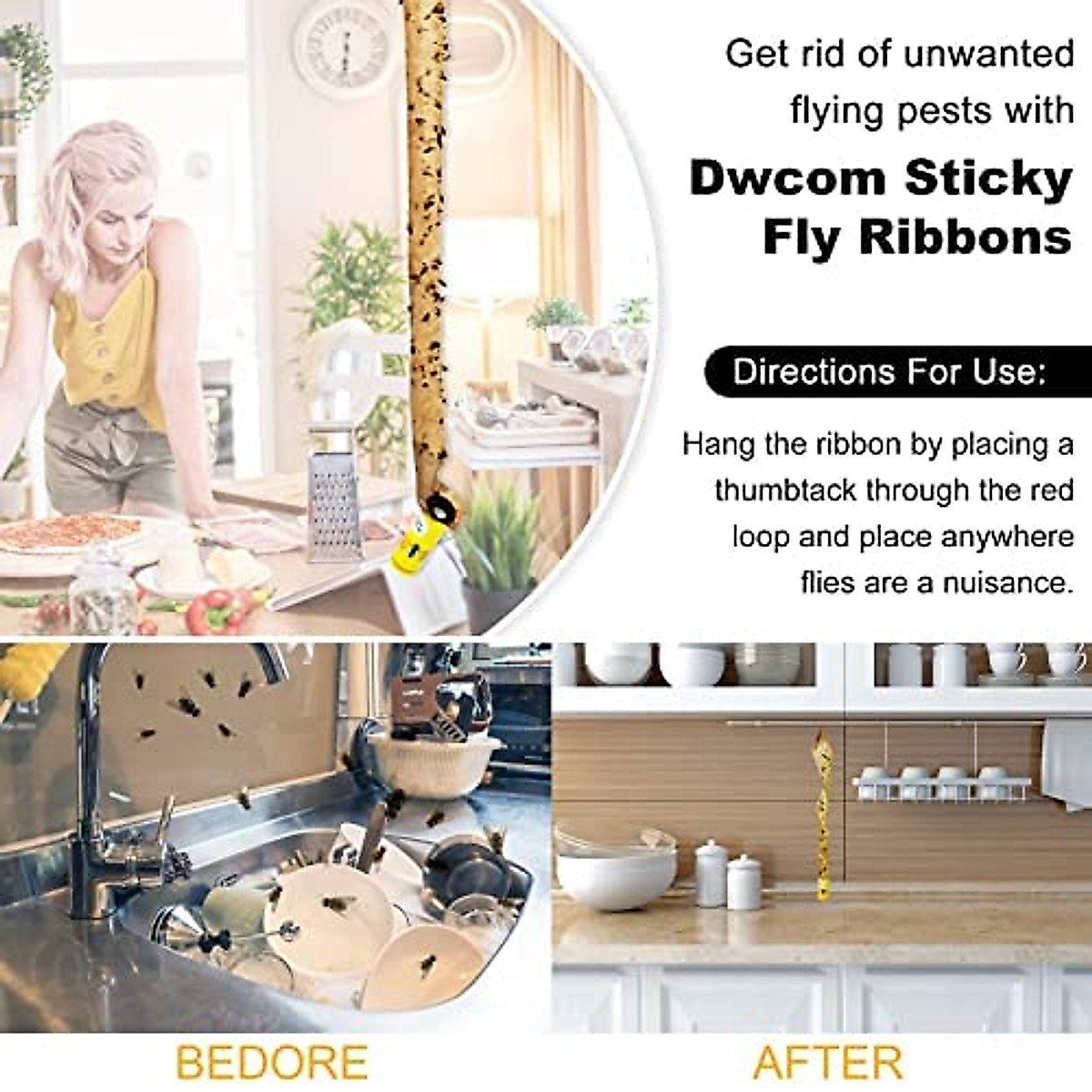 Dwcom 20PCS Sticky Fly Strips, Fly Paper Roll Hanging, Fly Tape Trap Ribbon, Gnat Mosquito Catcher Killer Indoor&Outdoor