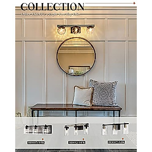 YKLITG Farmhouse Vanity Lights, Rustic Bathroom Lights with Hammered Glass Shade, 3-Light Bathroom Vanity Light with Wood Base for Bathroom, BD019-3-BK