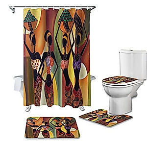 Prime Leader 4 Pcs Shower Curtain Set with 12 Hooks, African Women Mural Style Bathroom Decor Sets with Non-Slip Bath Mat Toilet Lid Cover, Durable Waterproof Shower Curtain and Rugs Set