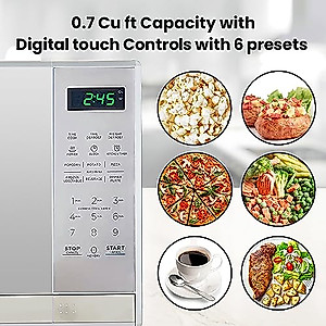 Total Chef Compact Countertop Microwave Oven, 700W, 0.7 Cubic Feet Capacity, Digital Touchscreen Controls, One-Touch Push-Button Opening, 6 Pre-Set Cooking Modes, Silver Stainless Steel