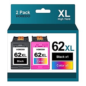 VOREDO Remanufactured Ink Cartridge Replacement for HP 62XL Ink Cartridge Combo Pack 62 XL for Envy 5540 5542 5545 5640 5642 5660 5664 5665 7640 7645 8000 8005 OfficeJet 200 250 5740 5742 5745(2 Pack)
