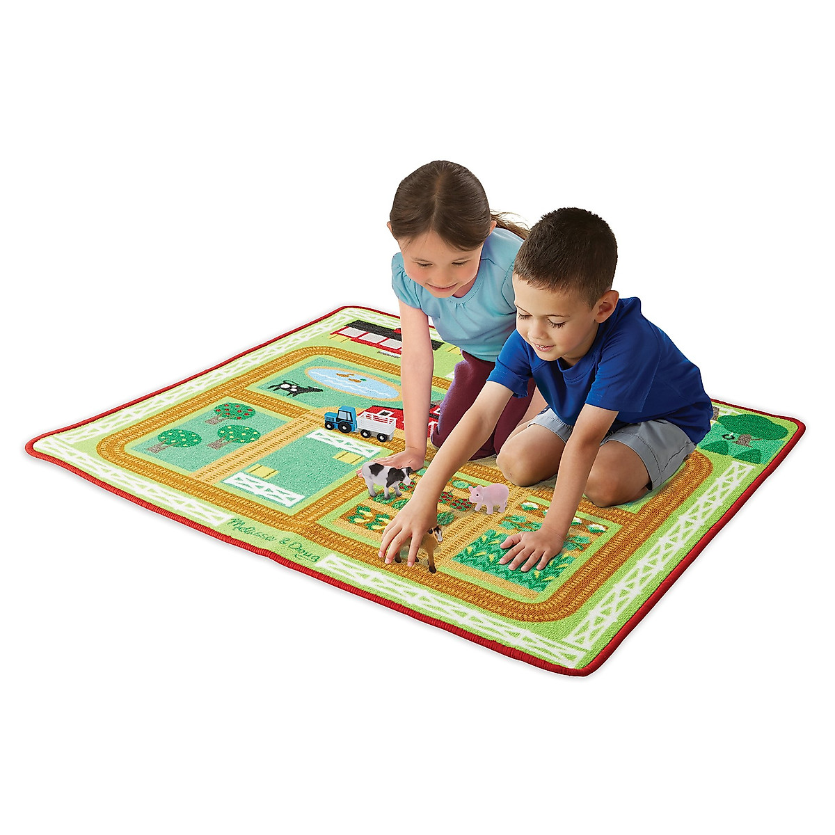Melissa & Doug Round the Barnyard Farm Activity Play Rug (39 x 36 inches) - Wooden Tractor, Trailer, 3 Toy Animals