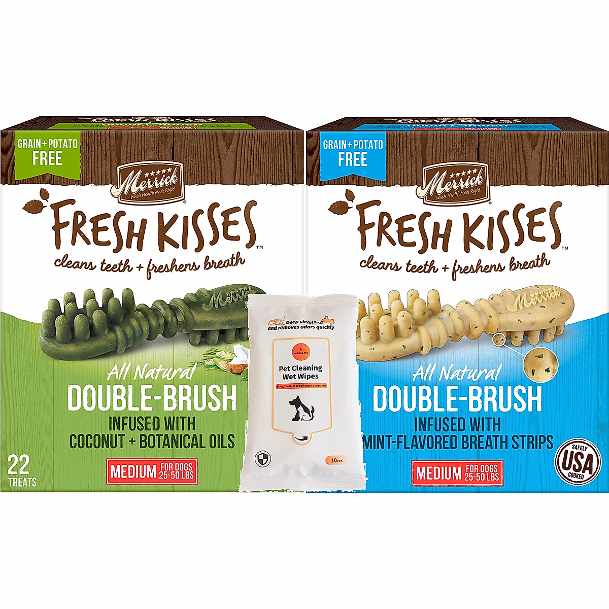 Aurora Pet Variety Pack (2) Merrick Fresh Kisses Double-Brush Medium Dental Dog Treats (1) Coconut + Botanical Oils (1) Mint-Flavored Breath Strips with AuroraPet Wipes