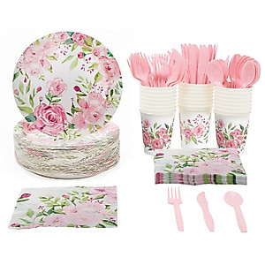 BLUE PANDA 144 Piece Vintage Style Tea Party Supplies, Includes Disposable Floral Paper Plates, Napkins, Cups, & Cutlery, For Baby Showers, Weddings & More, Serves 24