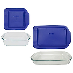 Pyrex Bundle - 4 Items: (1) 222 2qt Glass dish with (1) 222-PC 2qt Blue Lid & (1) 233 3qt Glass Dish with (1) 233-PC 3qt Blue Lid Made in the USA