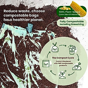 FMP Brands 100 Count 8 Gallon Compostable Drawstring Trash Bags, Extra Thick 1 Mil, Leak-Proof Kitchen Bag, 100% Compost Garbage Bag for Home Office Bathroom, BPI, ASTM D6400, OK Compost Certified