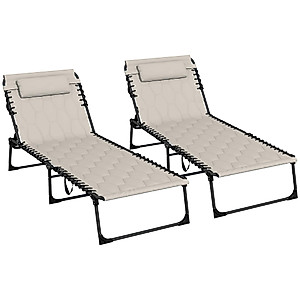 Outsunny Folding Chaise Lounge Set of 2 with 5-Level Reclining Back, Outdoor Lounge Tanning Chair with Padded Seat, Side Pocket & Headrest for Beach, Yard, Patio, Khaki