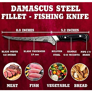 Hercules Knives Custom Hand Forged Damascus Steel Fillet Knife Fisherman's Filet G-10 Micarta Handlle Leather Sheath Fixed Blade Handmade Knife Ultra Sharp Edge(Damascus Steel)