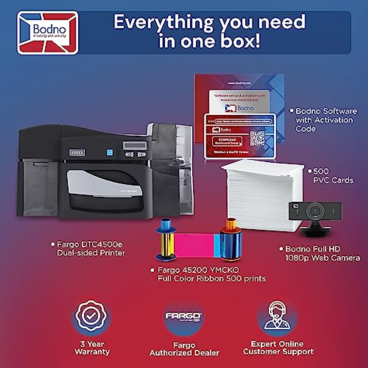 Fargo DTC4500e Dual Sided ID Card Printer & Complete Supplies Package with Bodno ID Software - Silver Edition
