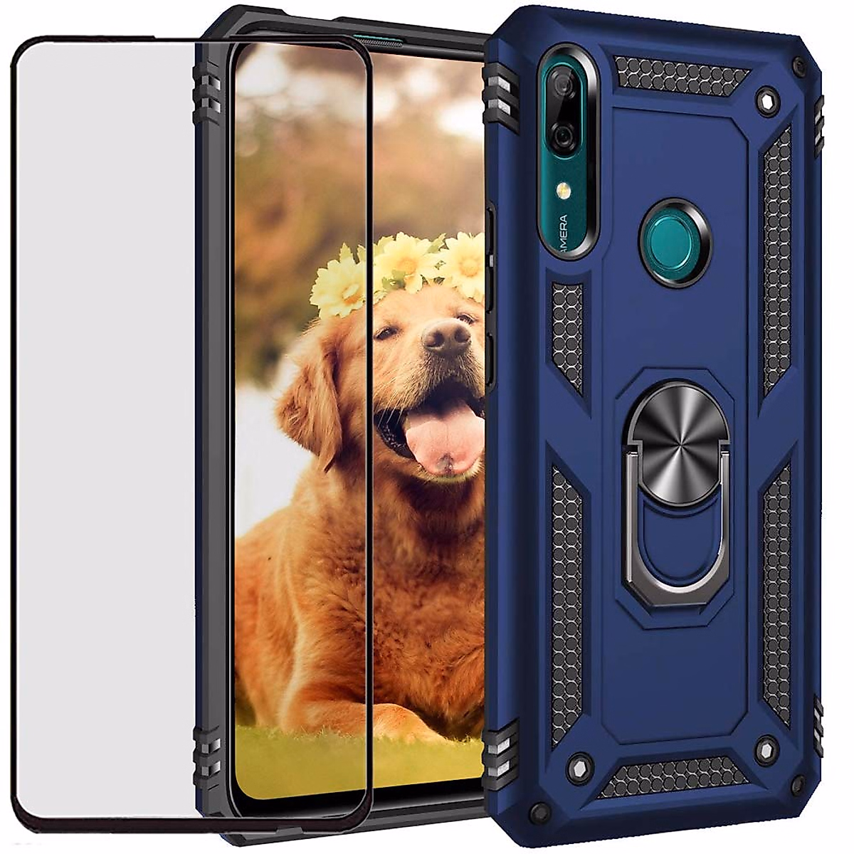DuoLide for Huawei P Smart Z / Y9 Prime 2019 Case with Tempered Glass Screen Protector,Hybrid Heavy Duty Dual Layer Anti-Scratch Shockproof Defender Kickstand Case Cover, Blue