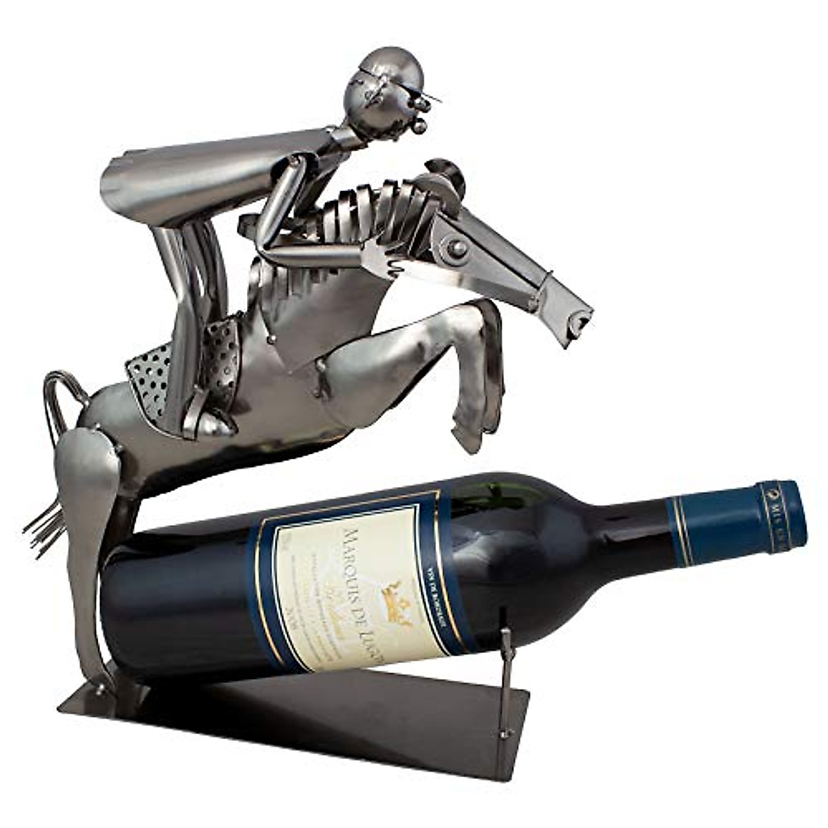 BRUBAKER Wine Bottle Holder 'Horseback Riding' - Table Top Metal Sculpture - with Greeting Card