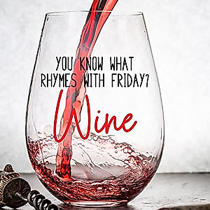 Rhymes With Friday - Funny Wine Glass for Women, Best Friend Gift For Women, Funny Gifts for Her, Birthday Gifts for Women or Men, Unique Gift for Girlfriend, Sister, BFF, 15oz Stemless Wine Glass
