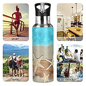 Oarencol Starfish Seashell Water Bottle Blue Sea Beach Stainless Steel Vacuum Insulated Thermos with Straw Lid 20 Oz