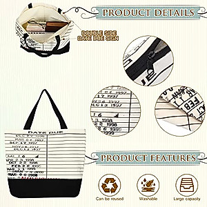 2 Pcs Library Due Date Tote Bag Library Due Date Cards Stamp Sign Canvas Toiletry Bag Vintage Tote Splicing Bag Library Book Bag Librarian Gifts for Women Teacher Graduation Book Lovers