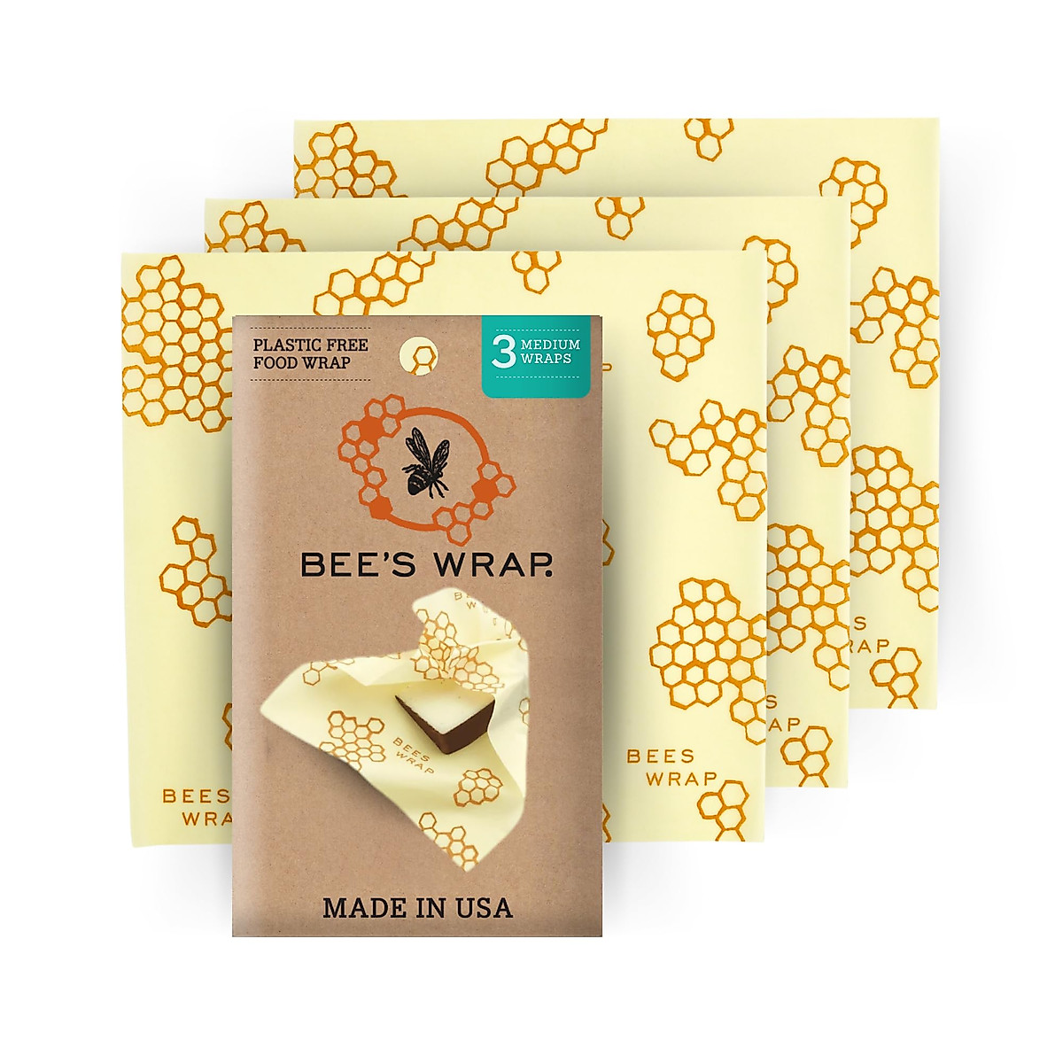 Bee's Wrap - Medium 3 Pack - Made in The USA with Certified Organic Cotton - Plastic and Silicone Free - Reusable Eco-Friendly Beeswax Food Wraps - Medium (10" x 11")