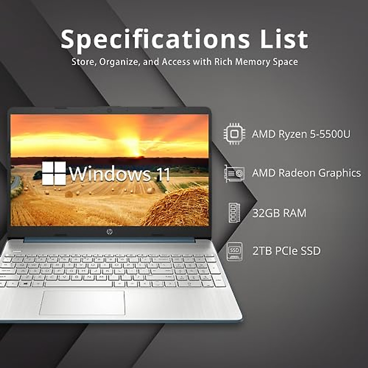 HP 2022 15.6" FHD Laptop, AMD Ryzen 5-5500U Processor, AMD Radeon Graphics, 32GB RAM, 2TB PCIe SSD, HD Webcam, Bluetooth, Wi-fi, Win 11, Blue, 32GB SnowBell USB Card