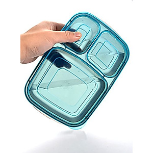 Youngever 8 Pack Bento Lunch Box, Meal Prep Containers, Reusable Plastic Divided Food Storage Container Boxes (3-Compartment)