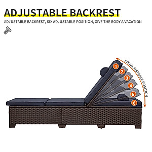 Outdoor PE Wicker Chaise Lounge Set, Patio Lounge Chairs, Outside Pool Lounger Furniture Set of 2, Brown Rattan Recliners with Adjustable Backrest, and Navy Blue Cushions