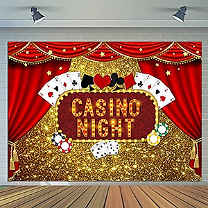 Vinyl 8X6FT Casino Night Poker Dice Red Curtains Photography Backdrop Gold Glitter Bokeh Photo Background Birthday Party Banner Decorations Banner Photo Booths Studio Props Dessert Table