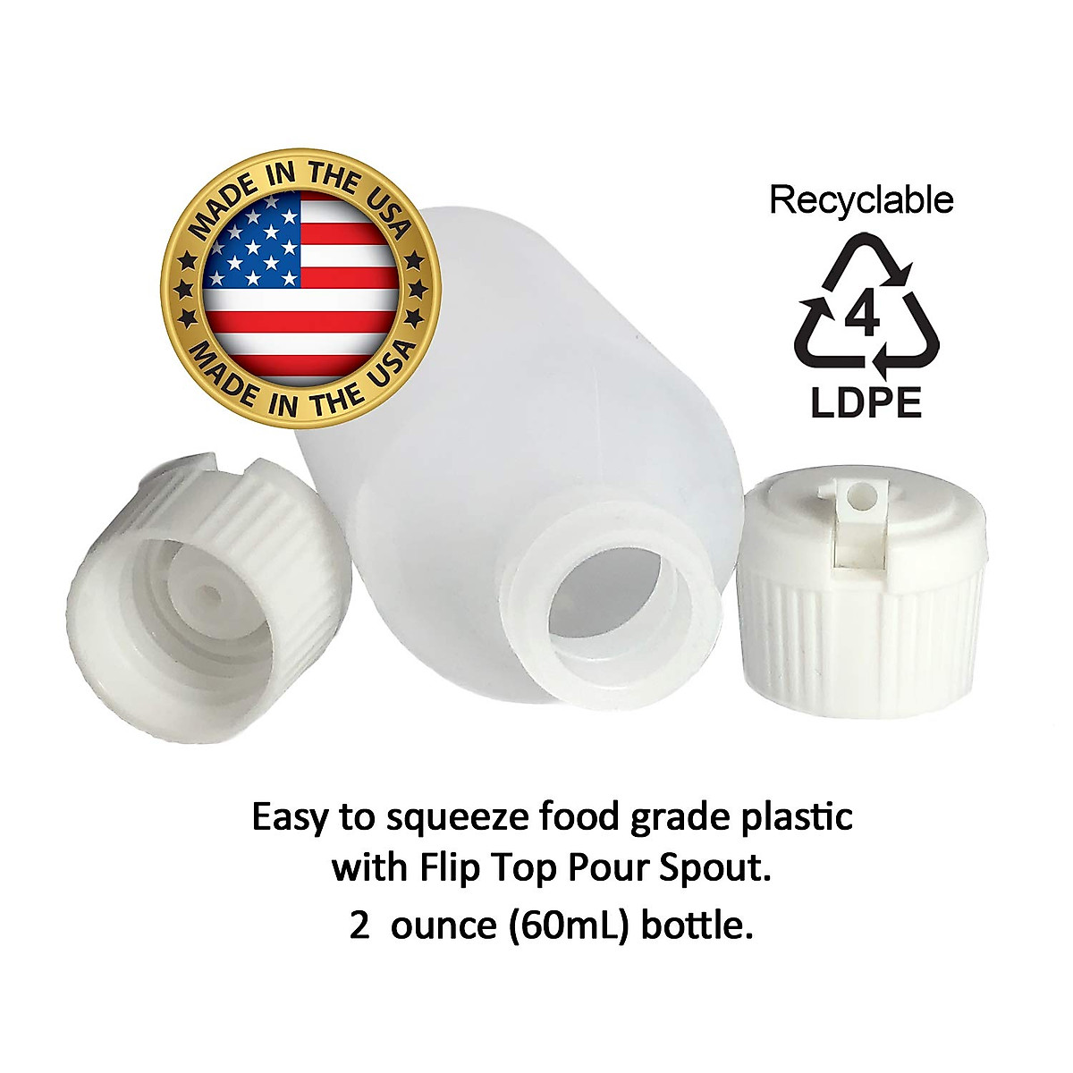 510 Central Boston Round Flip Top Pour Spout Cap 60mL (2oz, 4 Pack) LDPE Plastic Bottle Made In USA