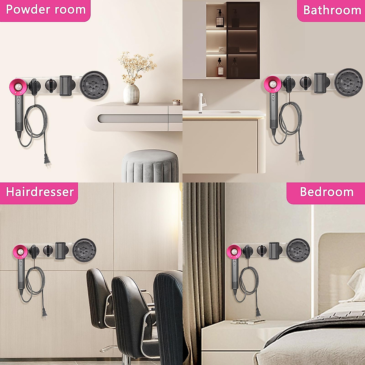 Floatant Wall Mount Hair Dryer Holder Compatible with Dyson Supersonic, Hair dryer holder, Acrylic Attachments Organizer with Hooks for Accessories Nozzles, Wide-Tooth Comb, Diffuser (Transparent)