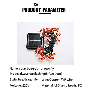 XLXX LED Bee/Dragonfly Solar String Lights with 8 Modes for Christmas Trees, Outdoor Garden, Patio, Fence, Wedding, Party (Colored (BEE), 39.3 FEET 100LIGHTS)
